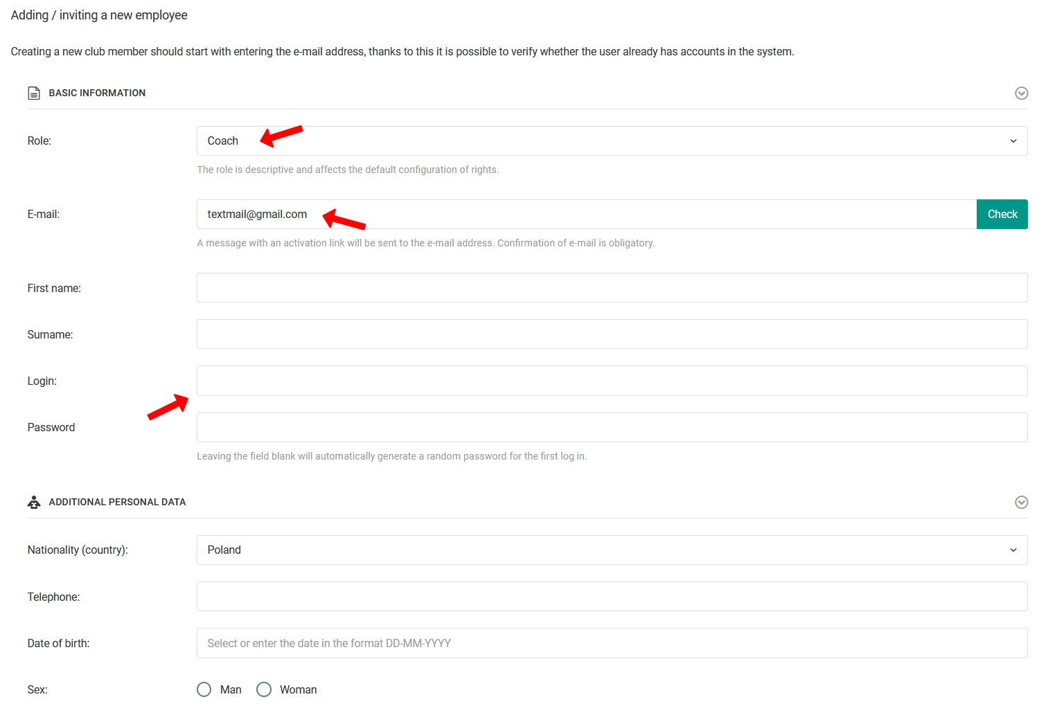 ProTrainUp - Adding an employee
